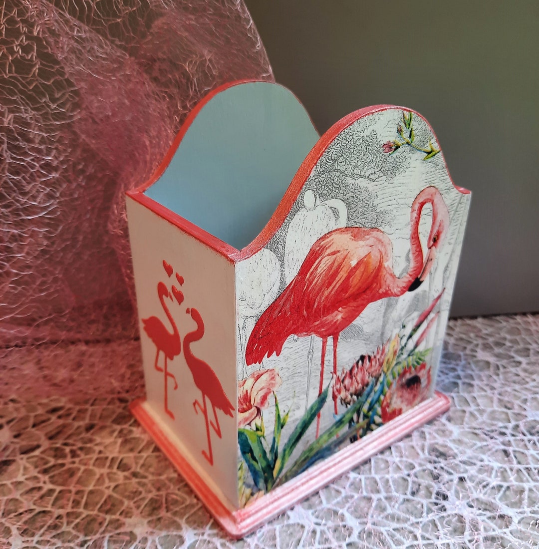 Flamingo Print Wooden Organizer: Decoupage Desk Tidy - Etsy