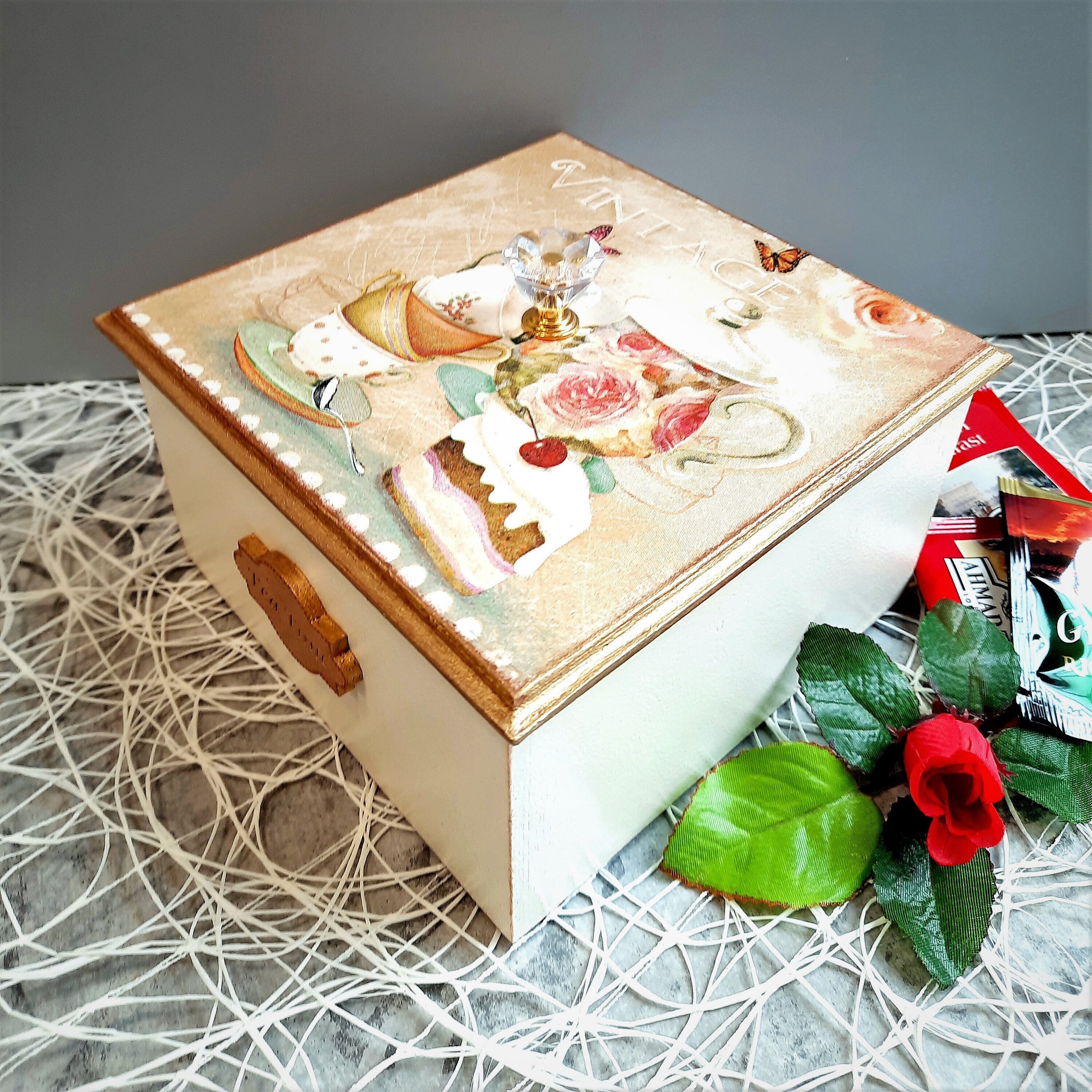 Decoupage Tea Box: Decorative Kitchen Organizer, "tea Time" Design - Etsy