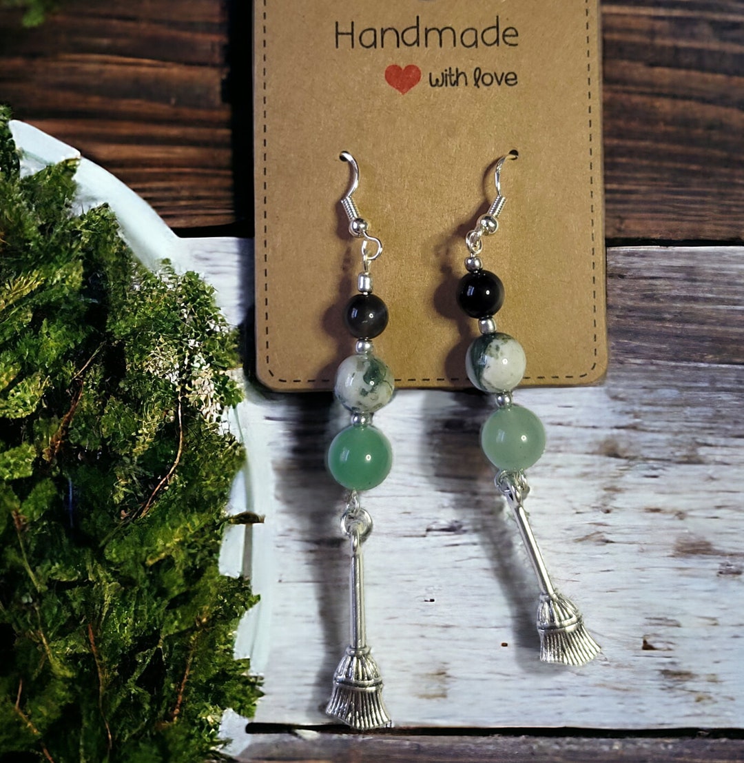 Moss Agate, Obsidian and Green Aventurine Broom Earrings ...