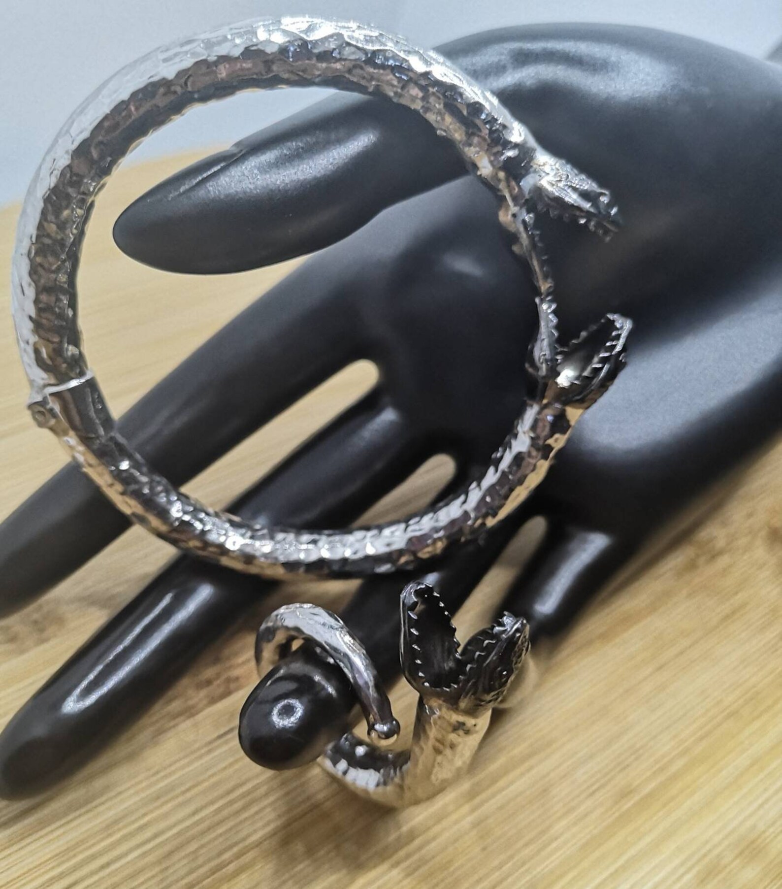 Hammered handmade silver snake head bangle bracelet with matching ring ...