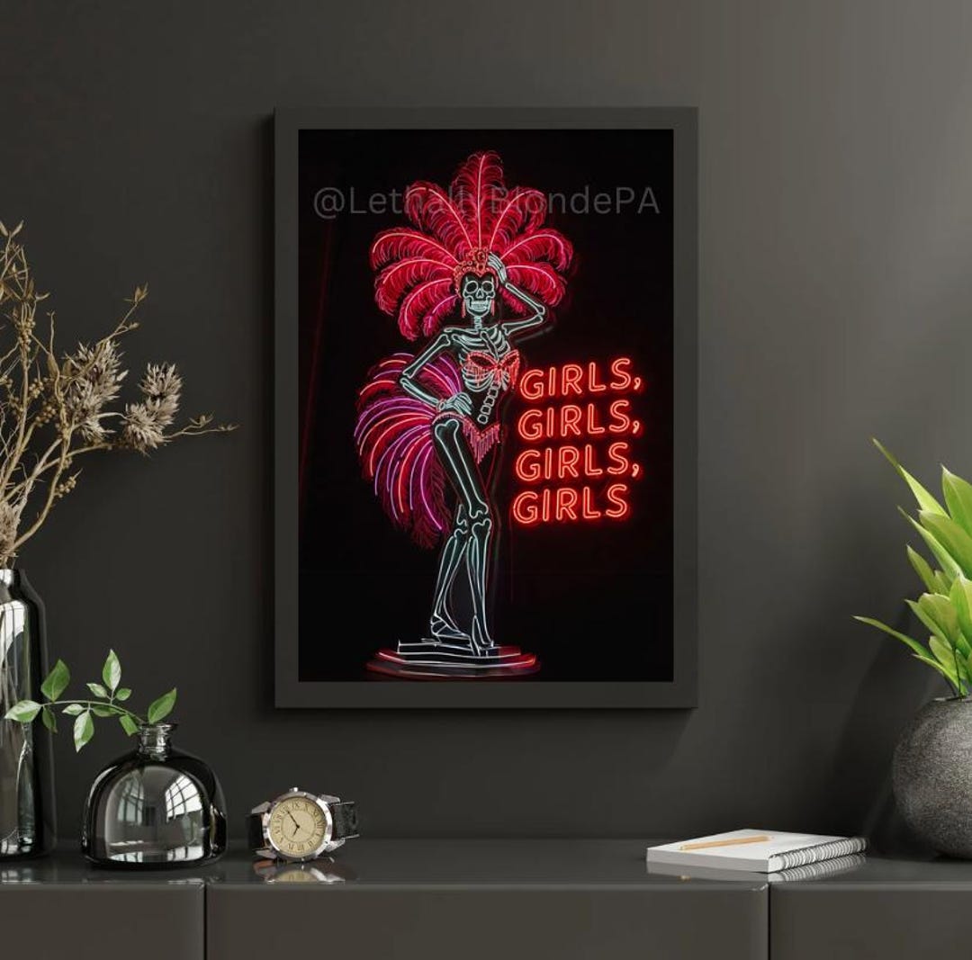 Canvas Print, Skeleton Showgirl Neon Sign Wall Art, Girls Girls Girls ...