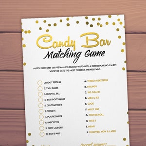 Candy Bar Matching Game, Baby Shower Games, Gold Candy Match Baby Game ...
