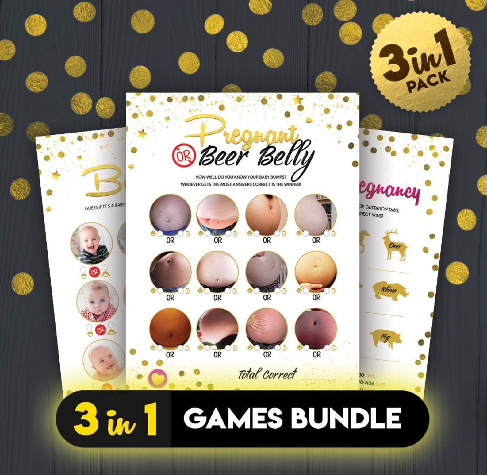 3 in 1 Bundle, Pregnant or Beer Belly Baby Shower Game, Boy or Girl ...
