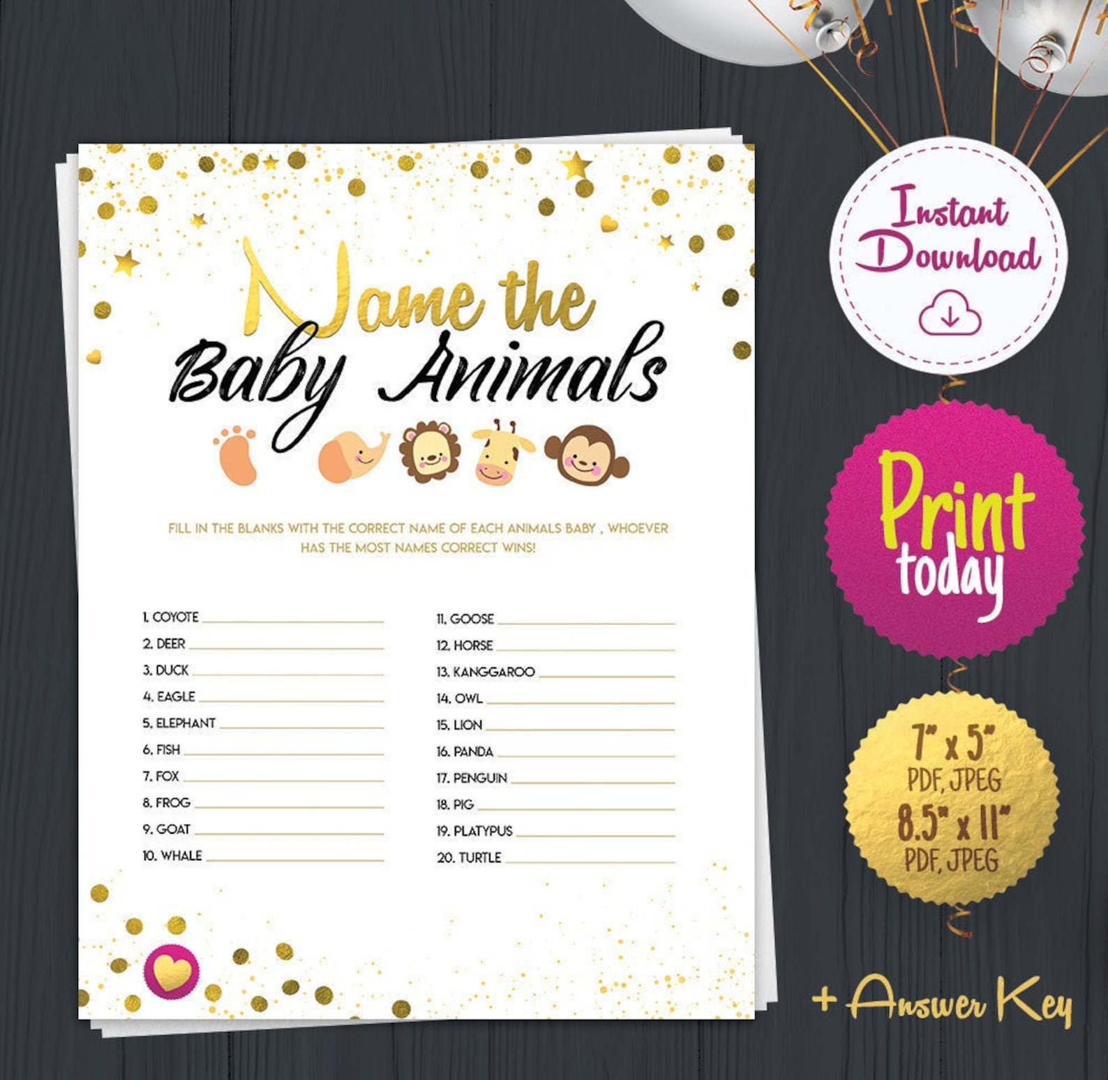 Name the Baby Animals Game, Baby Shower Games, Woodland Forest Animal ...