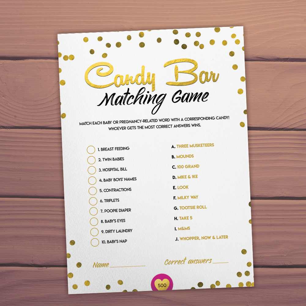Candy Bar Matching Game, Baby Shower Games, Gold Candy Match Baby Game ...