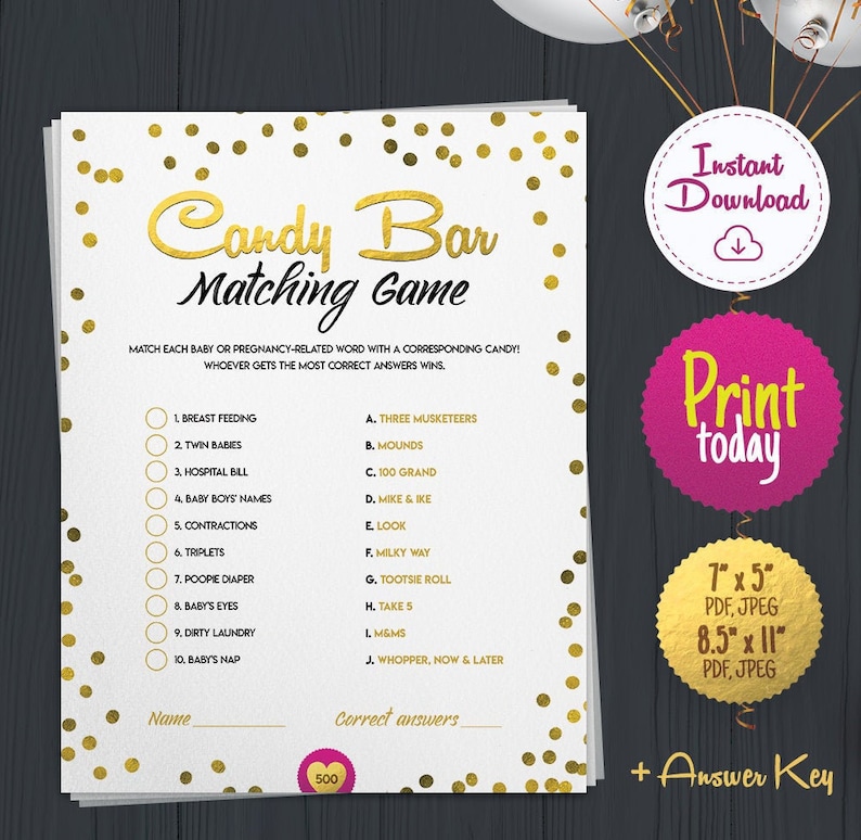 Candy Bar Matching Game, Baby Shower Games, Gold Candy Match Baby Game ...