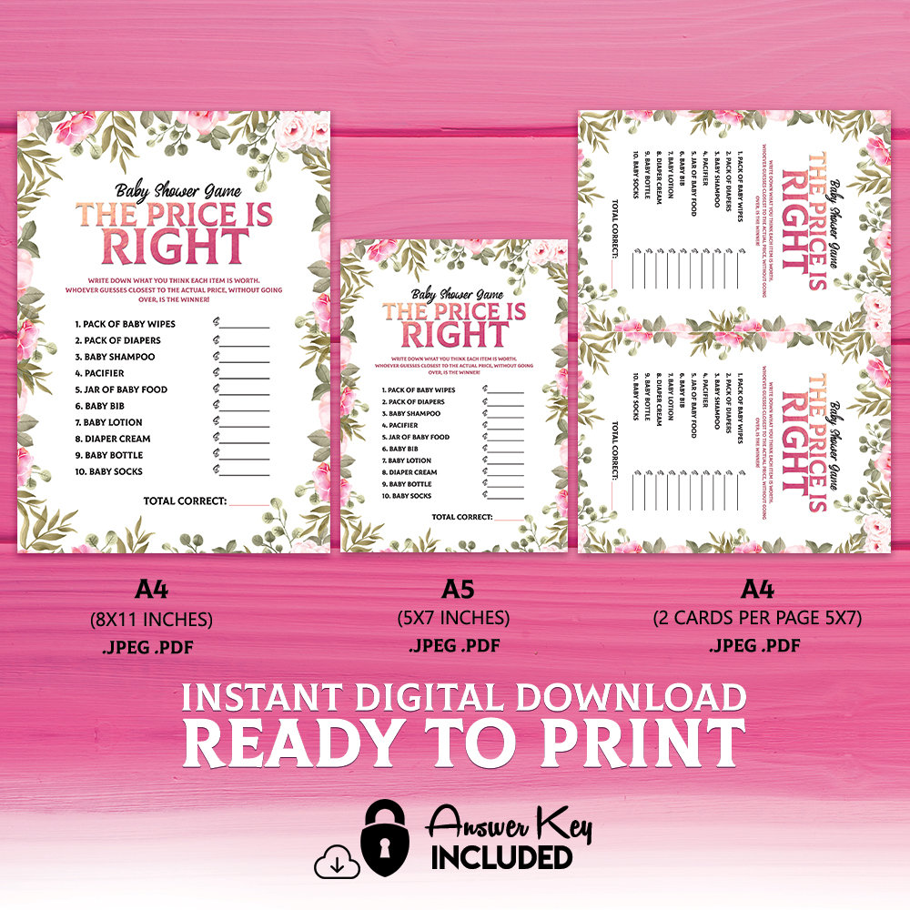The Price is Right With Answer Key Baby Shower Printable Game, Floral ...