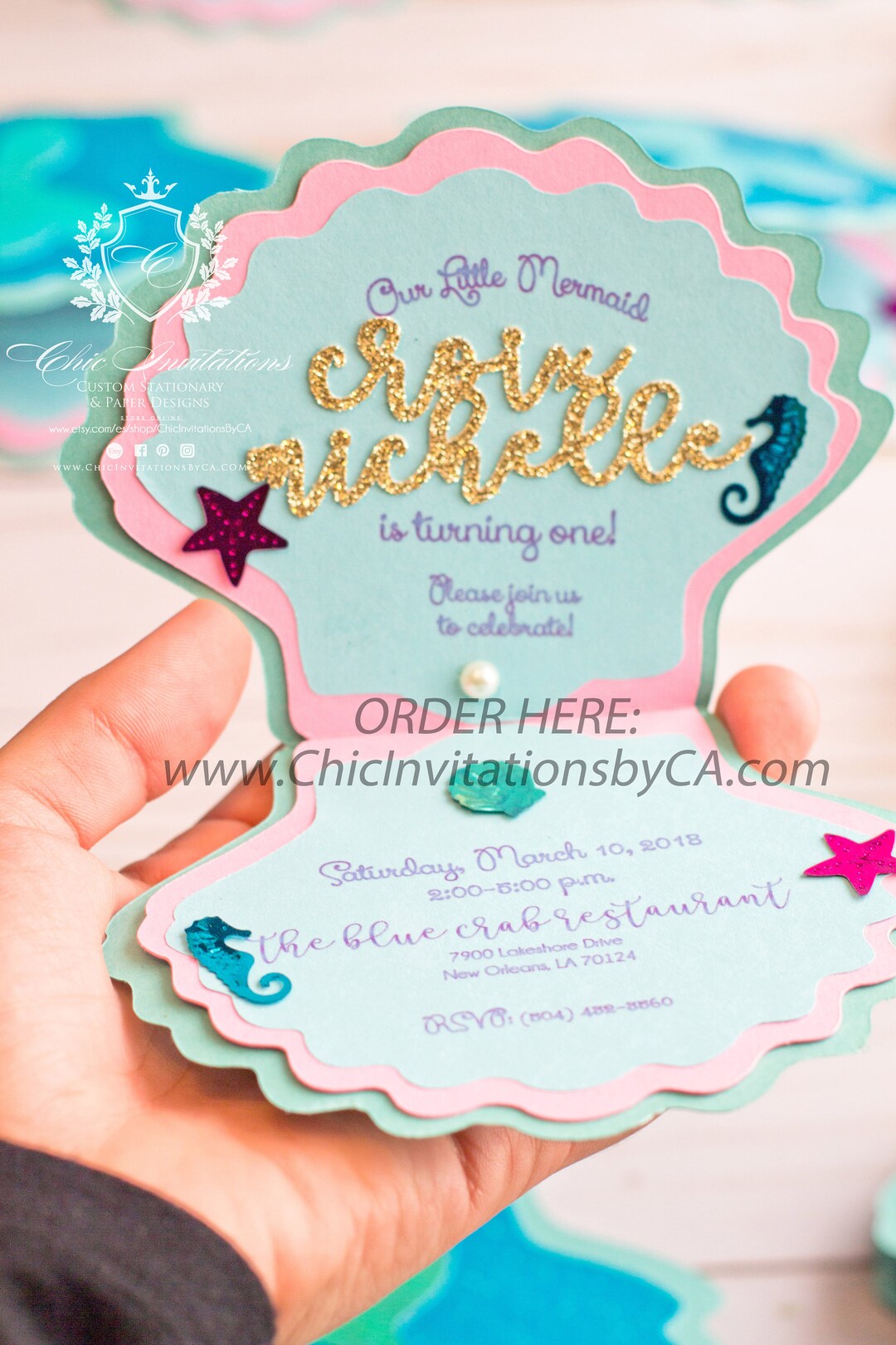 Mermaid Invitation, Handmade Invitation, Mermaid Shell Invitation ...