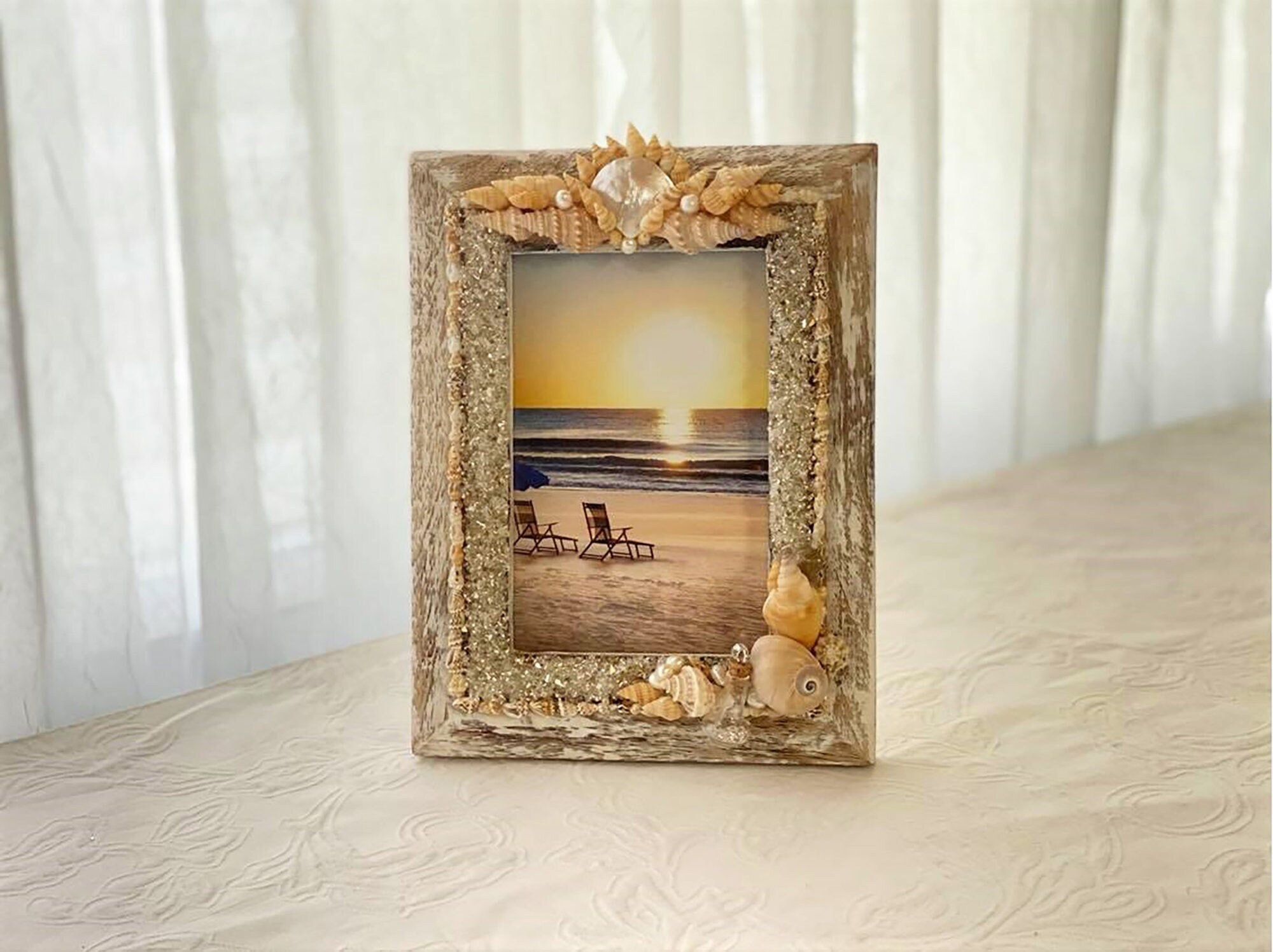 Hand Decorated Rustic Wood Shell Frame With Natural Shells, Beads, Nasa ...