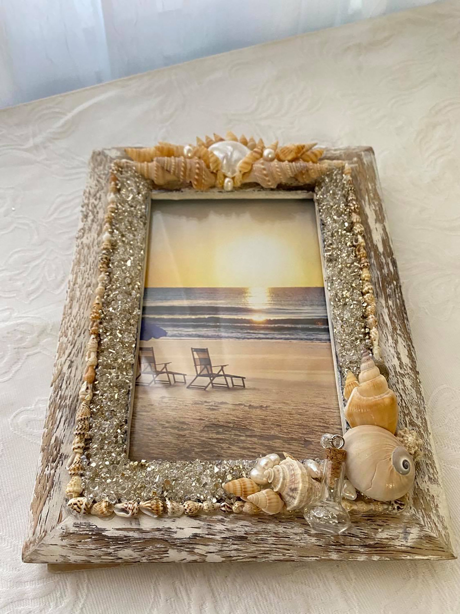 Hand Decorated Rustic Wood Shell Frame With Natural Shells, Beads, Nasa ...