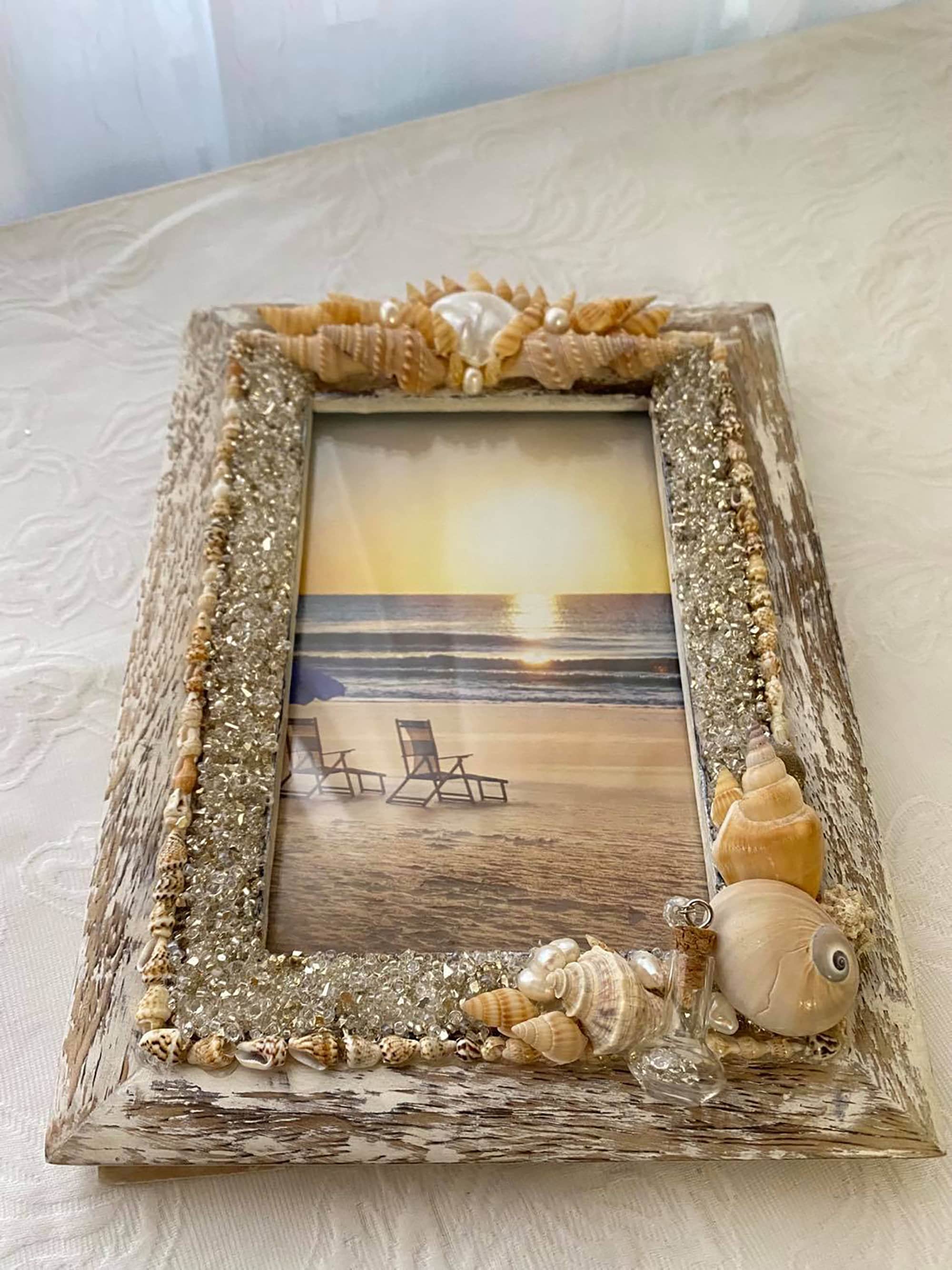 Hand Decorated Rustic Wood Shell Frame With Natural Shells, Beads, Nasa ...