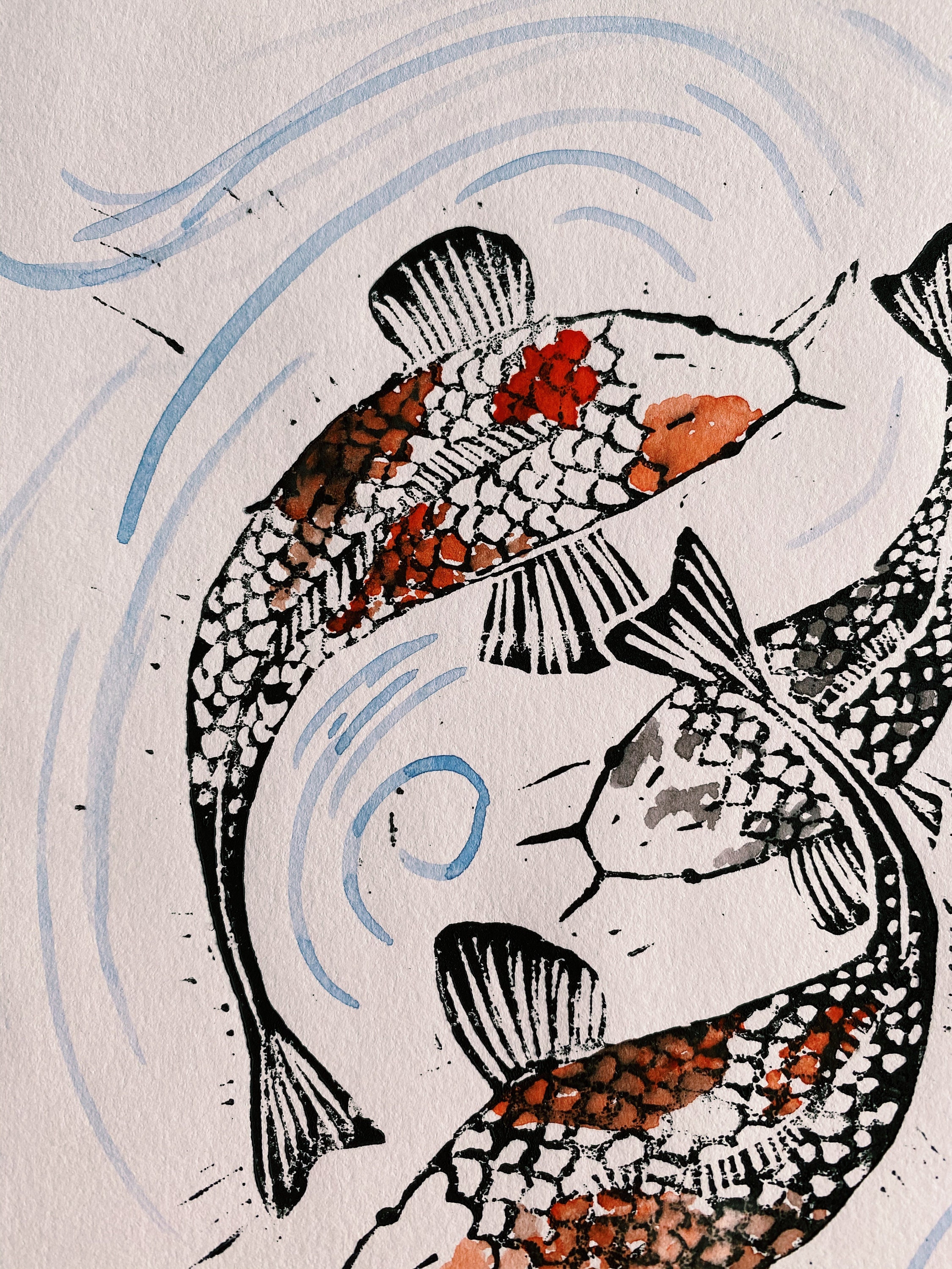 Prints Wood & Linocut Prints Koi Carp Linocut and Watercolour Print Art ...