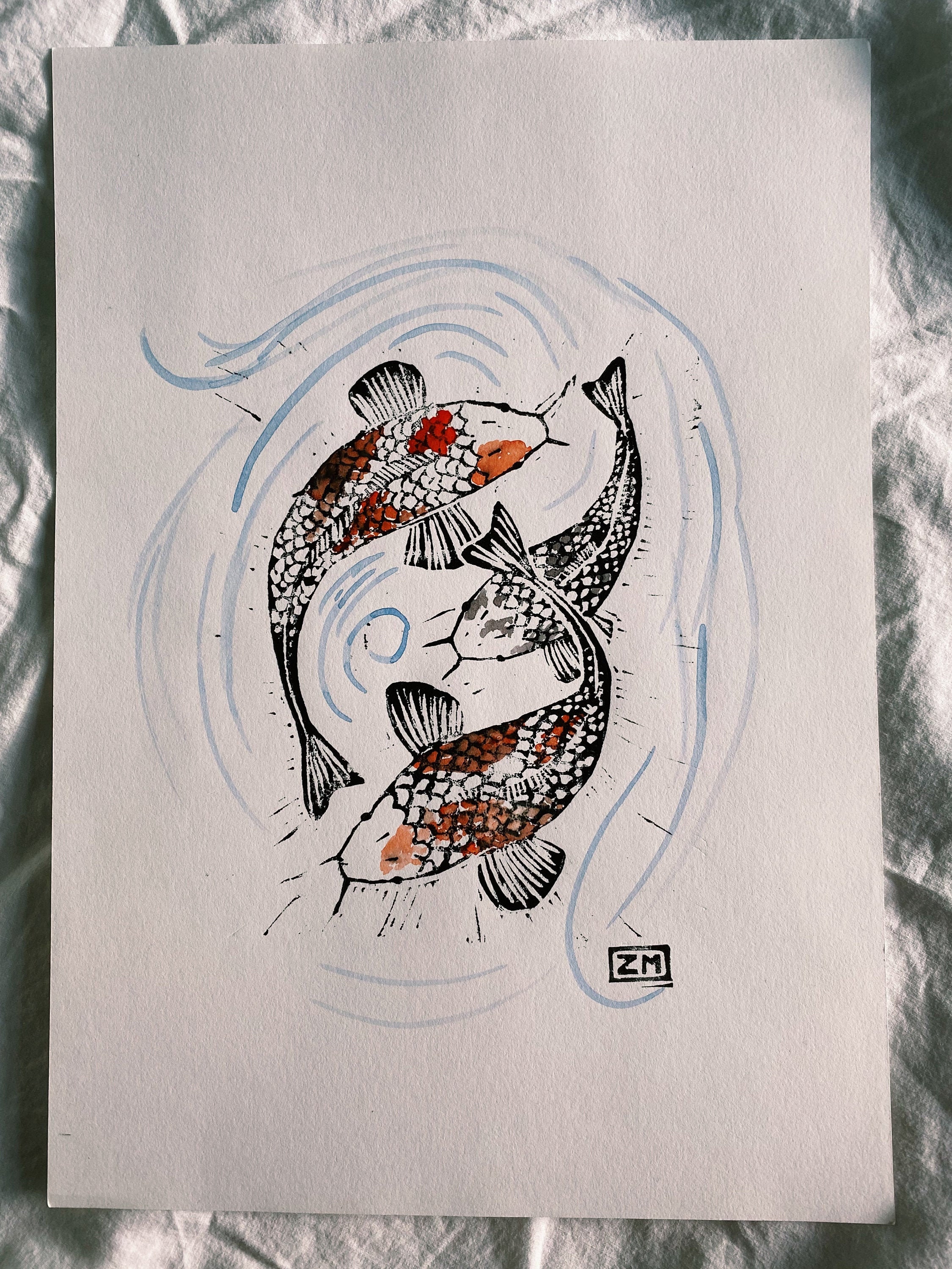 Prints Wood & Linocut Prints Koi Carp Linocut and Watercolour Print Art ...