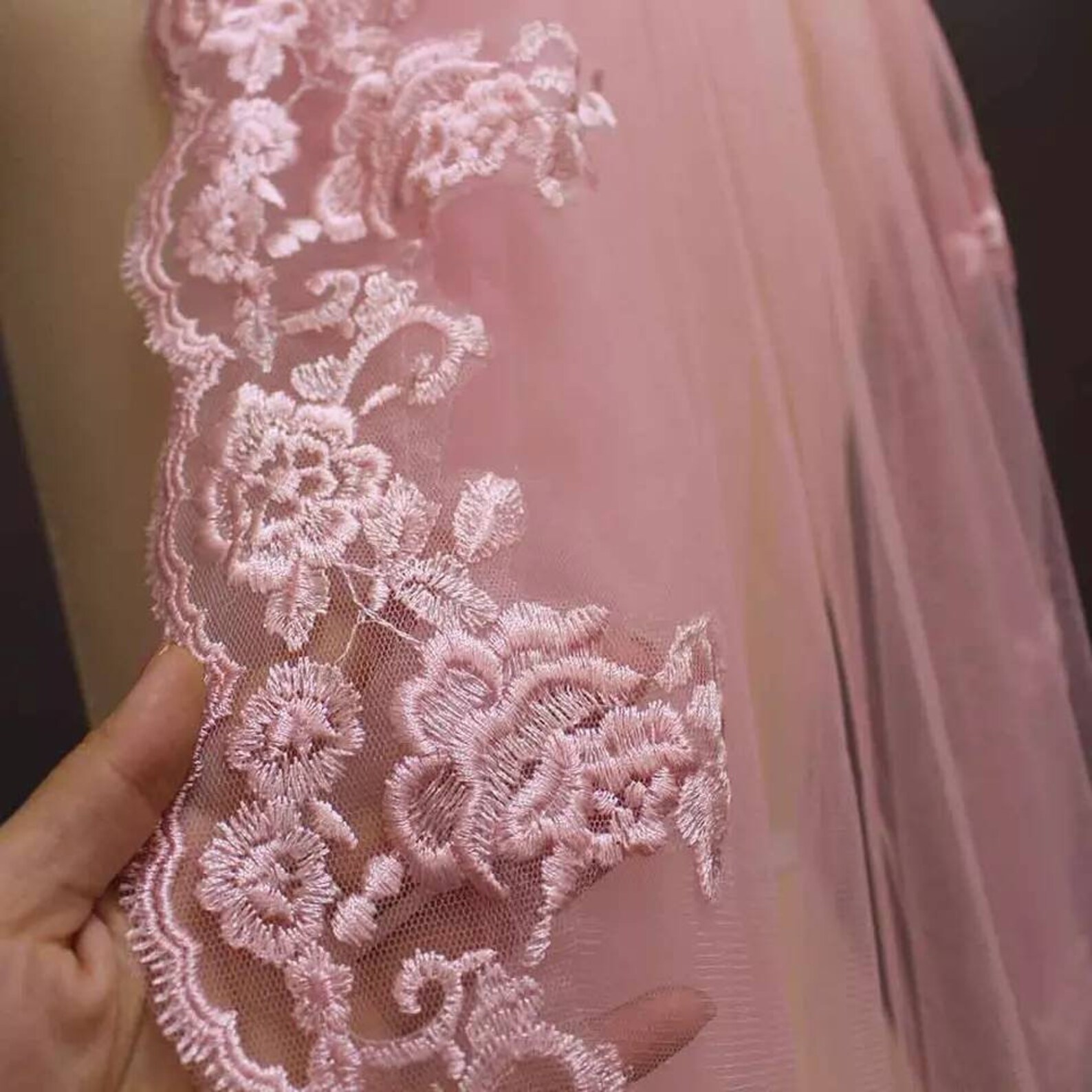 Pink Bridal Veil with Embroidery-Brides Pink Veil-embroidered | Etsy