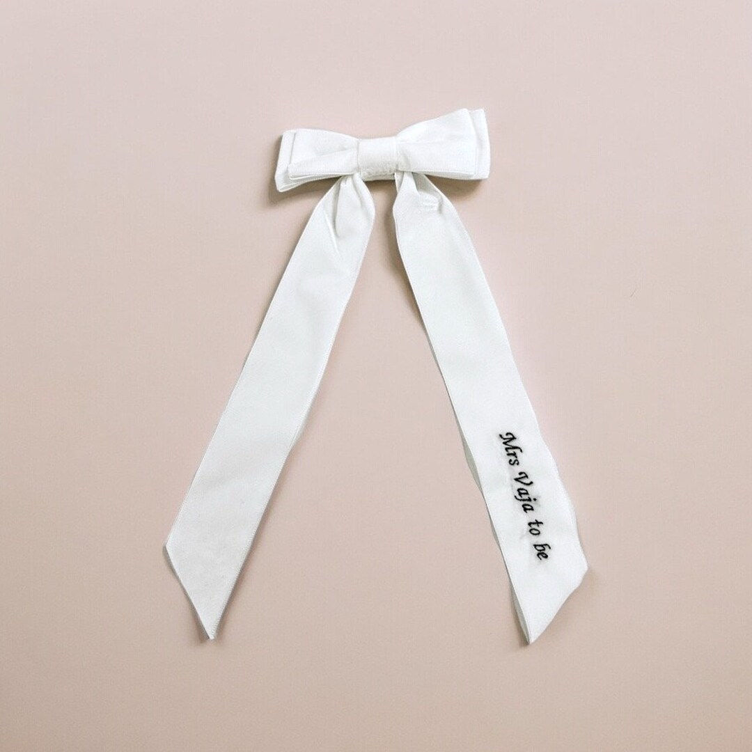 Classic White Velvet Bow Custom Word Personalised Embroidery Long Tails ...