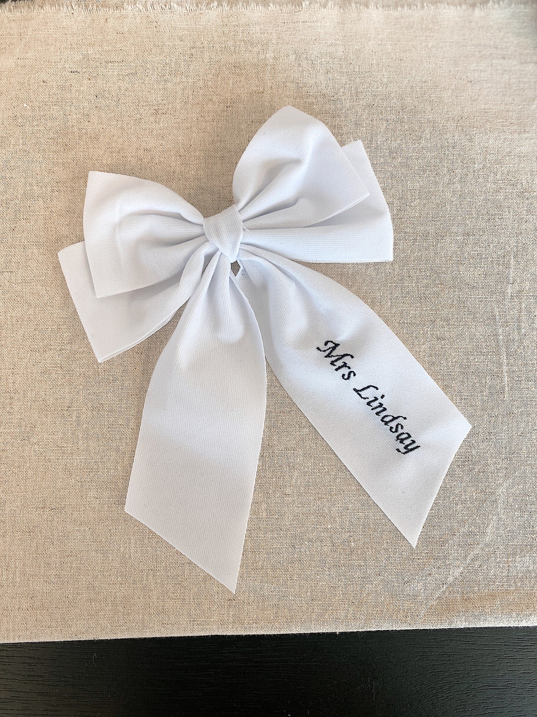 Classic White Velvet Bow Custom Word Personalised Embroidery - Etsy UK