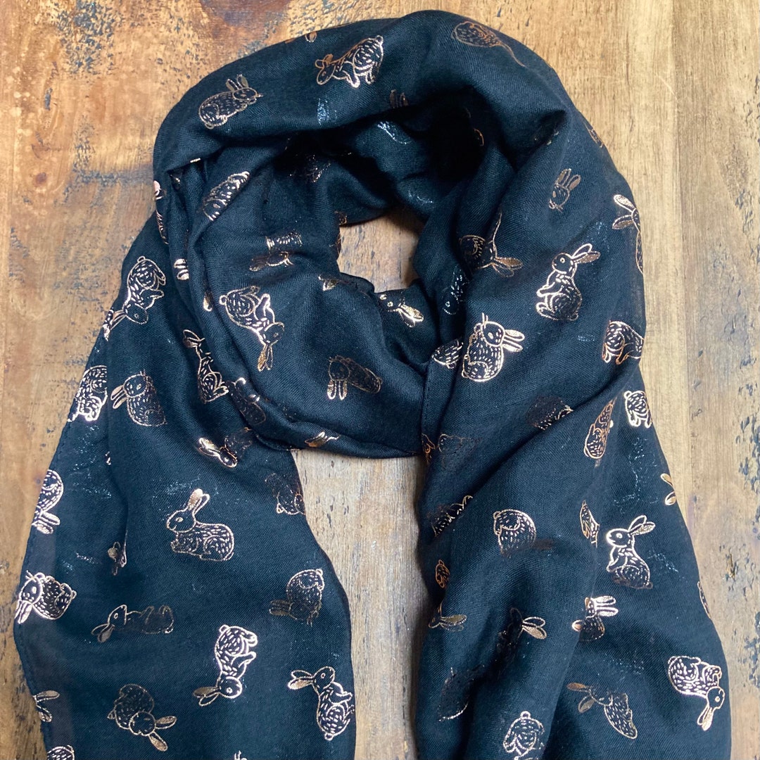 Cute Gold Bunny Rabbit Print Scarf - Black - Etsy