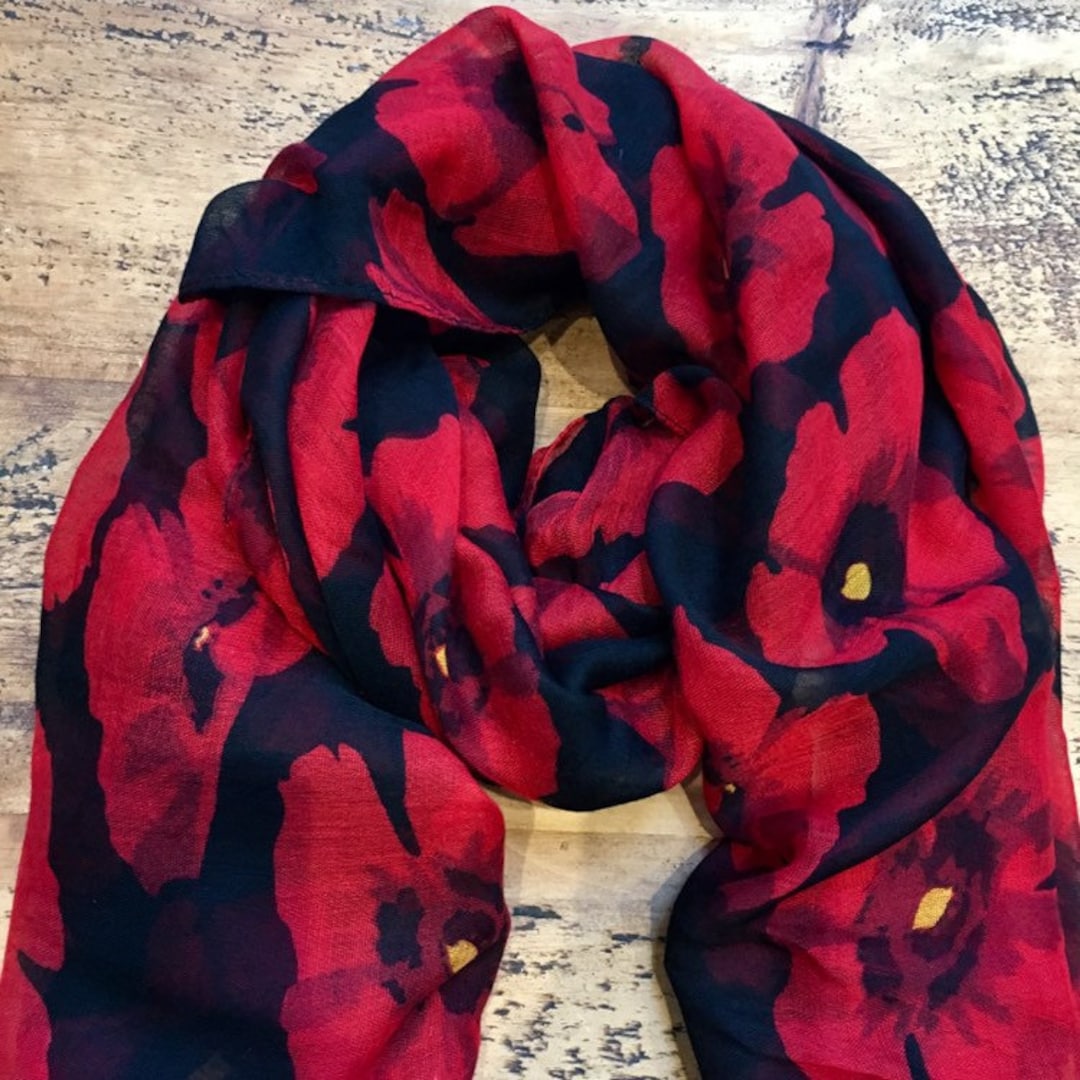 Poppy Print Scarf - Black & Red - Etsy UK