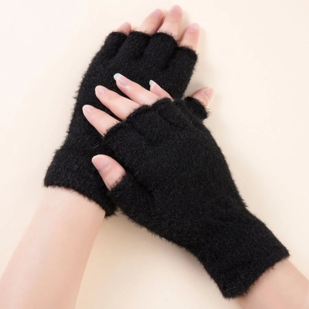 Warm Fluffy Fingerless Gloves Black - Etsy UK