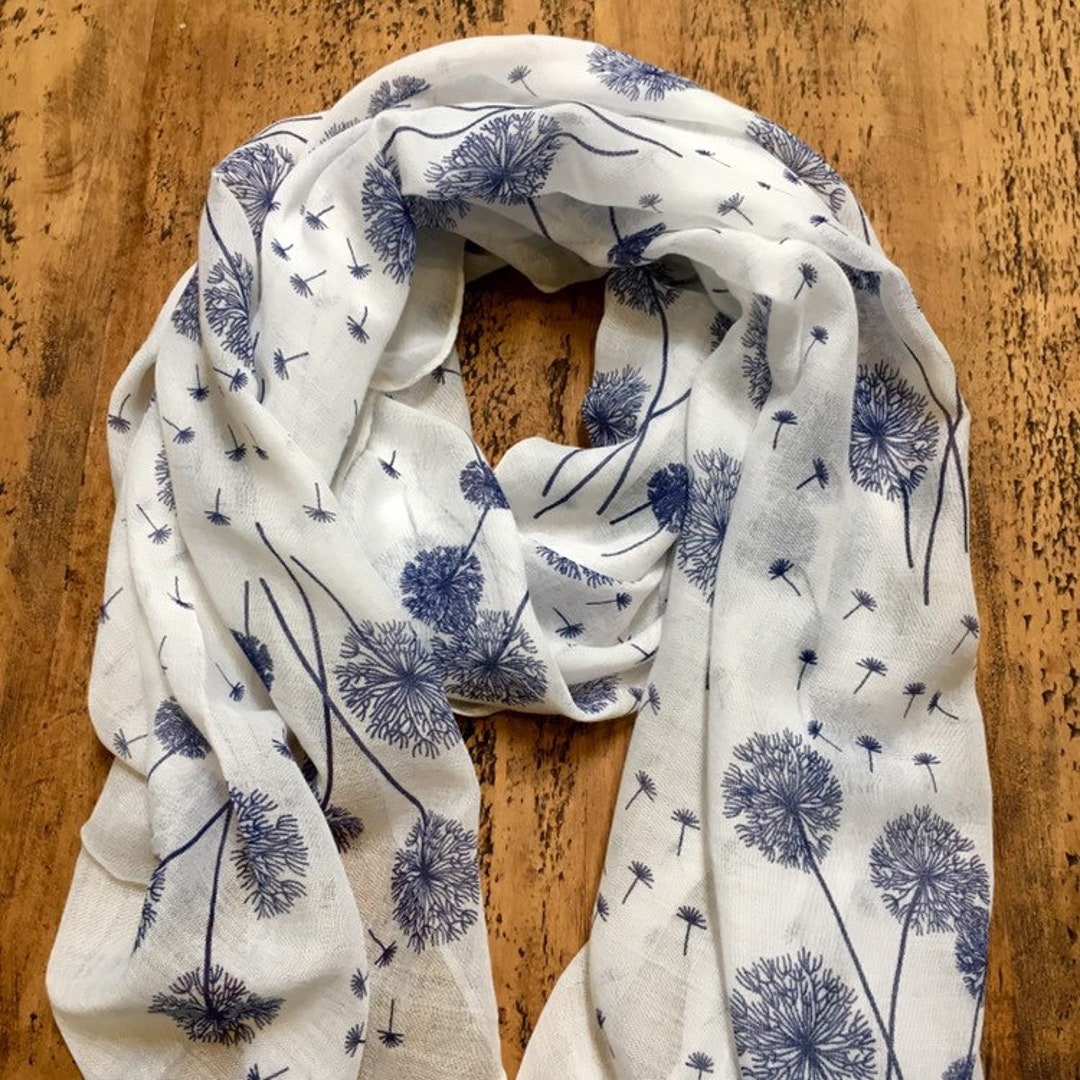Soft Dandelion Print Scarf - White & Navy - Etsy