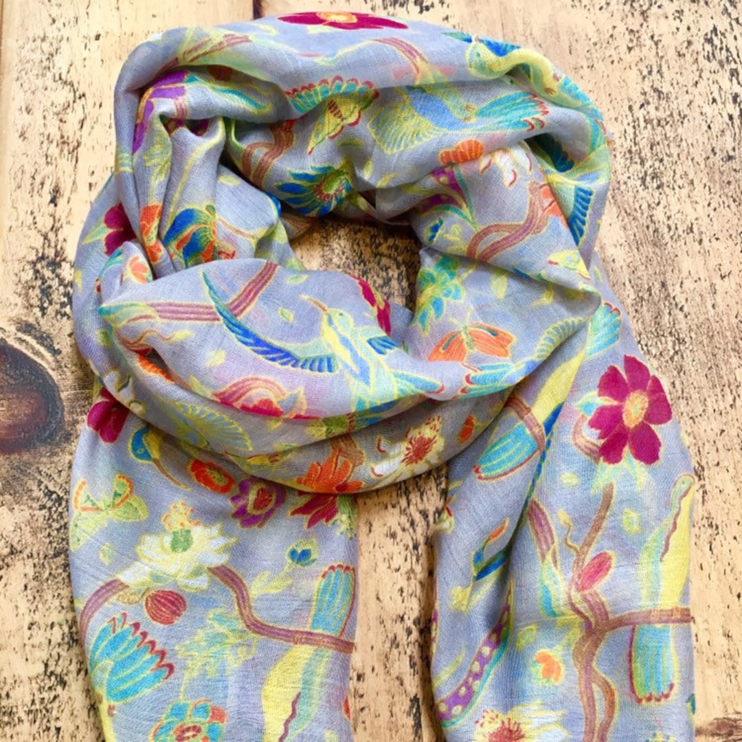 Floral Bird Print Scarf - Grey - Etsy