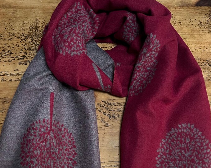 Soft, Cosy Reversible Winter Mulberry Tree Scarf - Burgundy & Grey - Etsy
