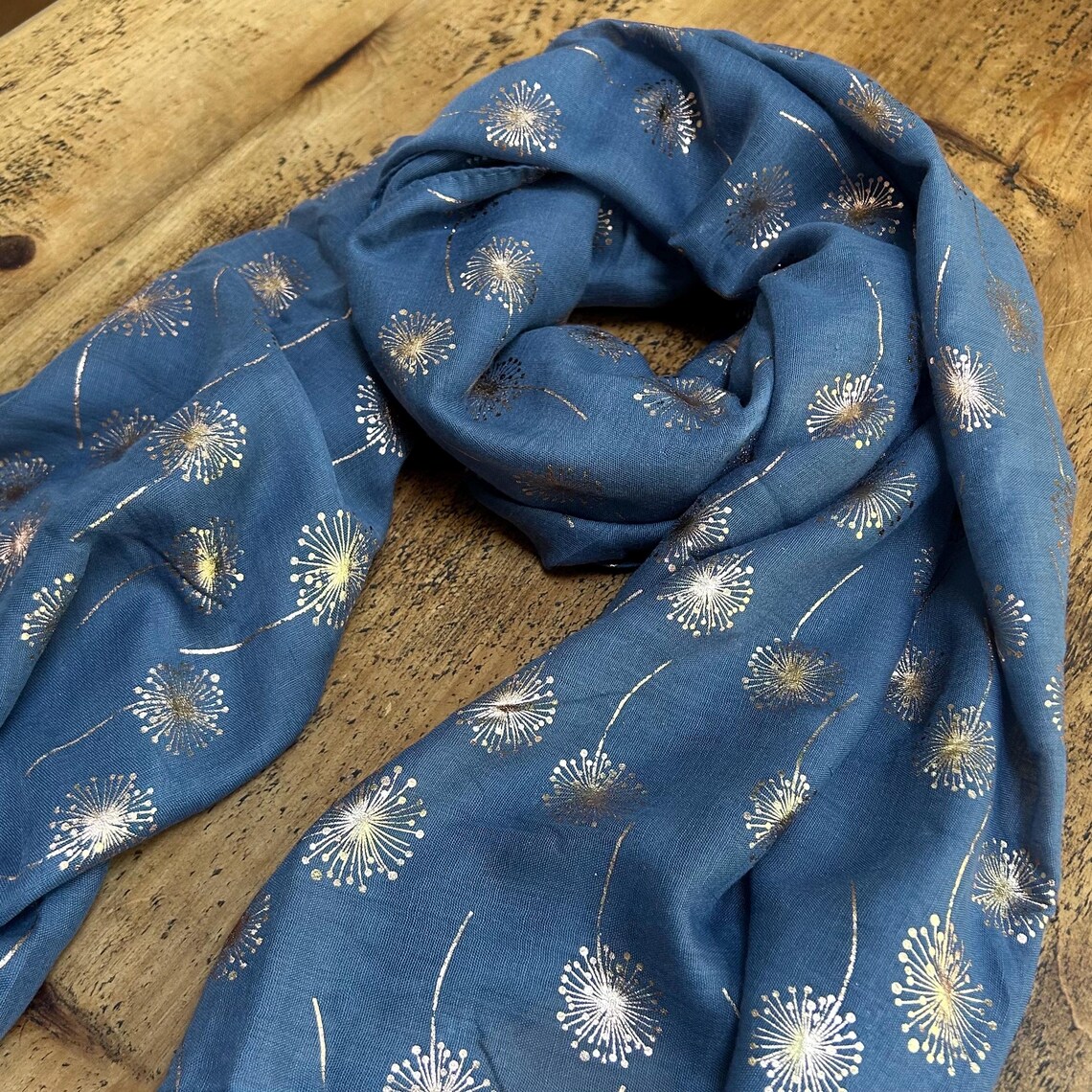 Soft Dandelion Print Scarf - Denim Blue & Rose Gold - Etsy