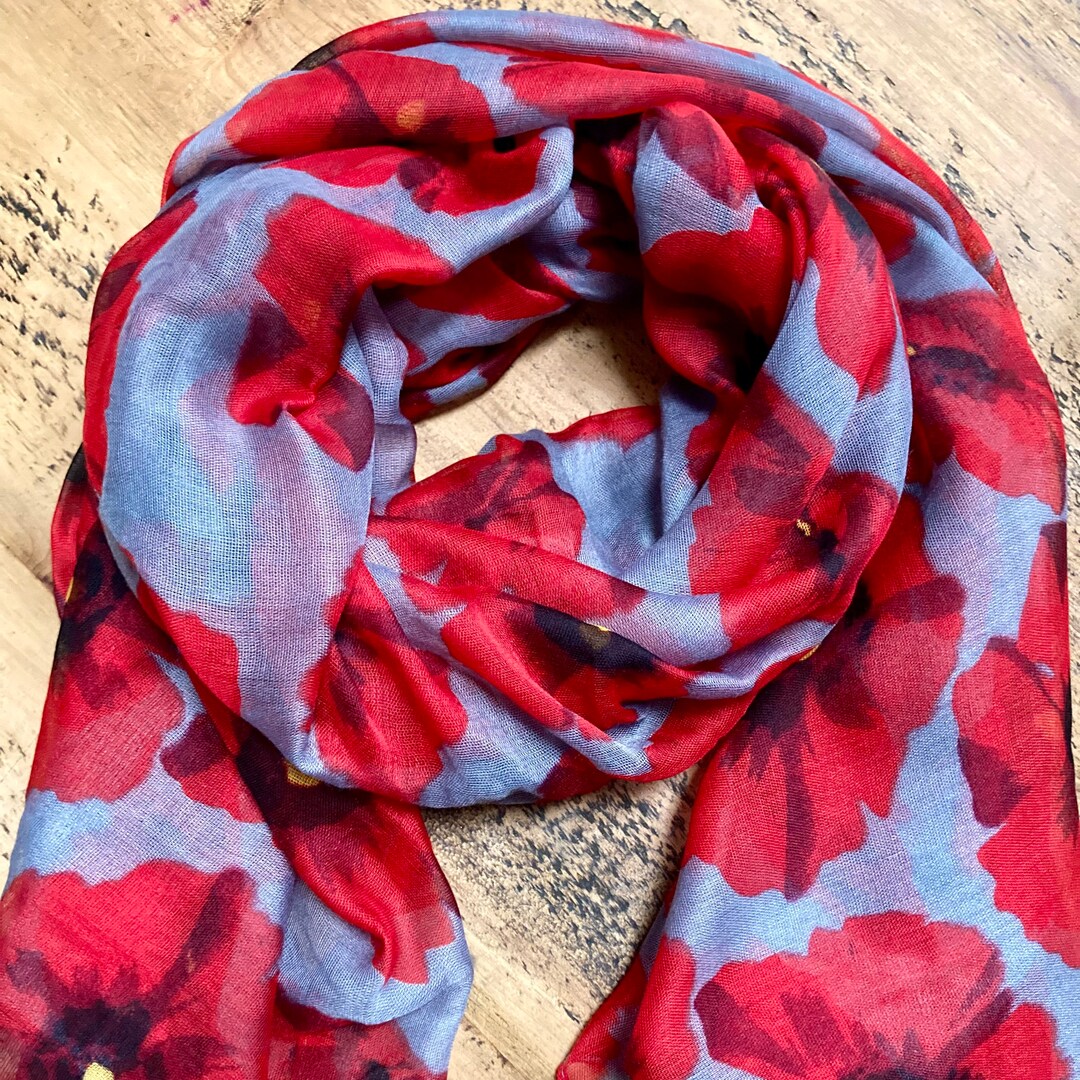 Poppy Print Scarf - Grey & Red - Etsy UK