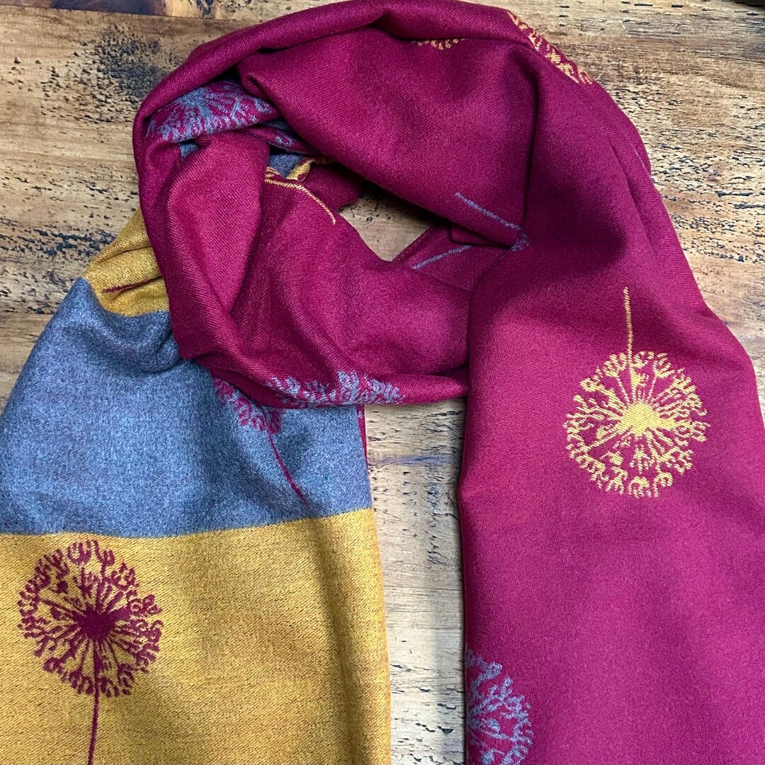 Soft, Cosy Reversible Winter Dandelion Scarf - Burgundy, Grey & Yellow ...
