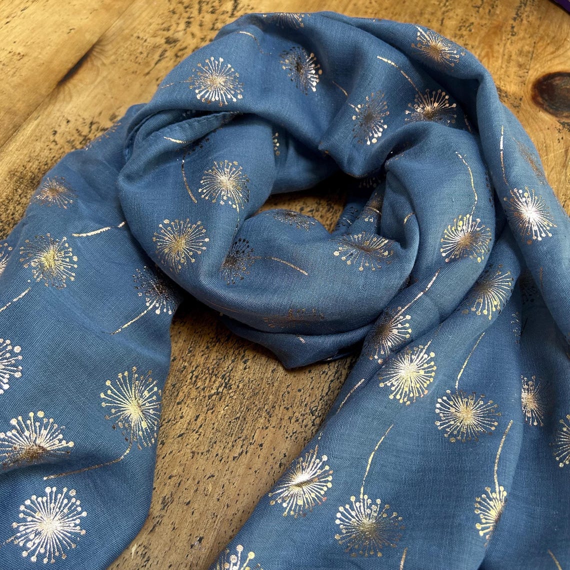 Soft Dandelion Print Scarf - Denim Blue & Rose Gold - Etsy
