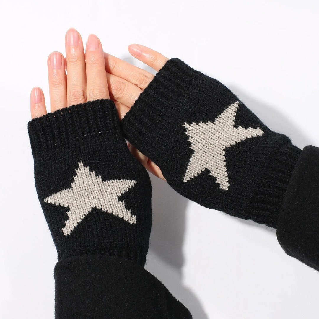 Warm Woolly Fingerless Star Print Gloves Black - Etsy