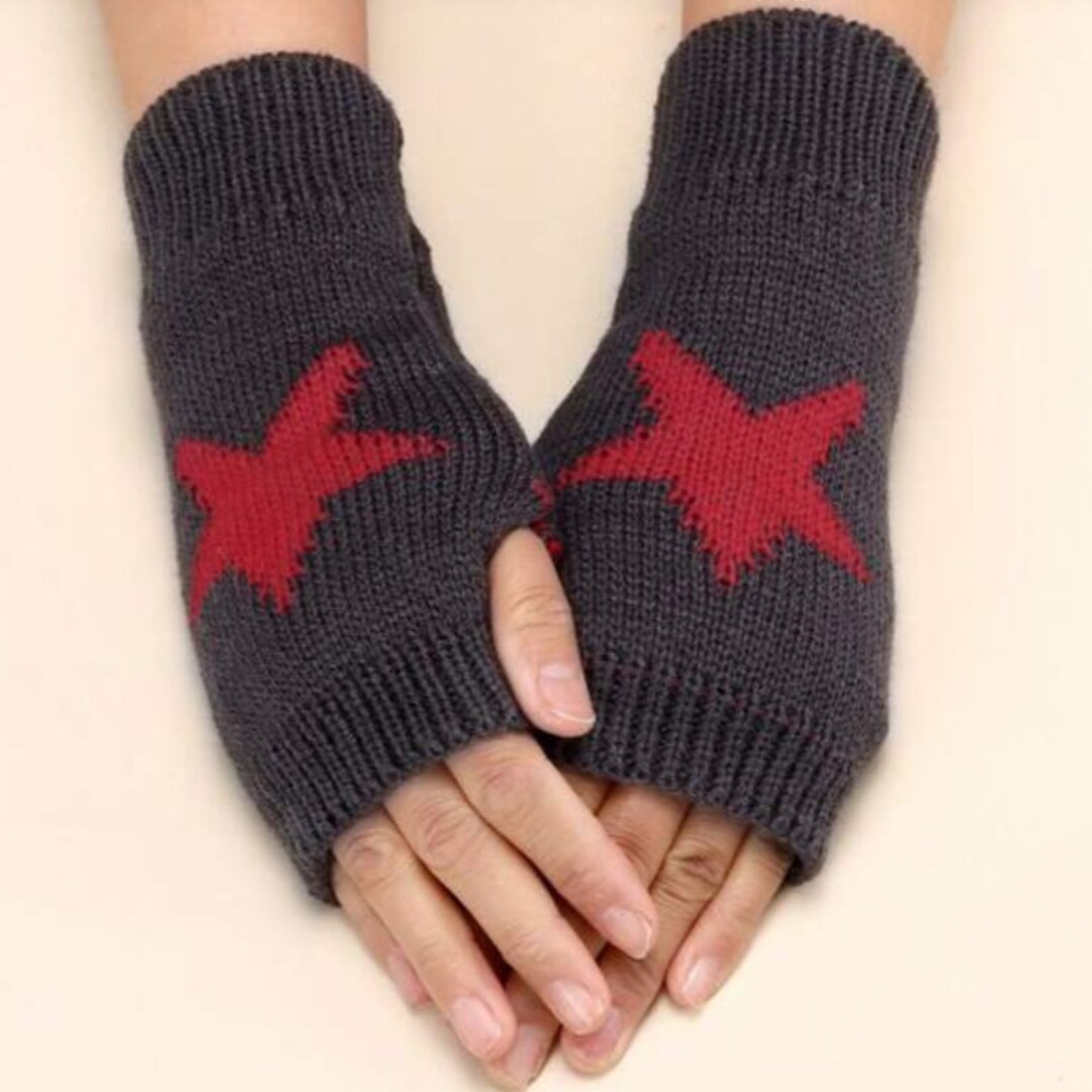 Warm Woolly Fingerless Star Print Gloves Dark Grey & Red - Etsy