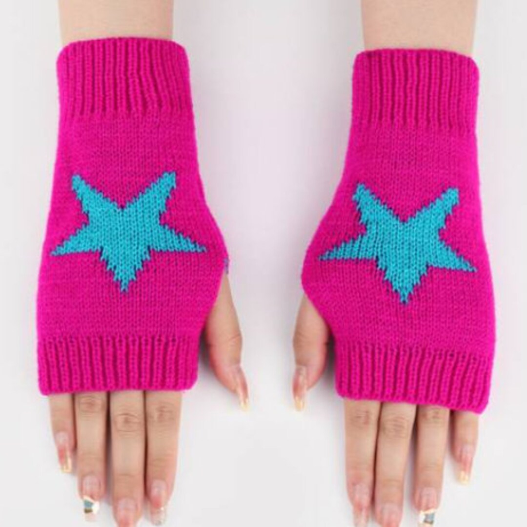 Warm Woolly Fingerless Star Print Gloves Hot Pink - Etsy UK