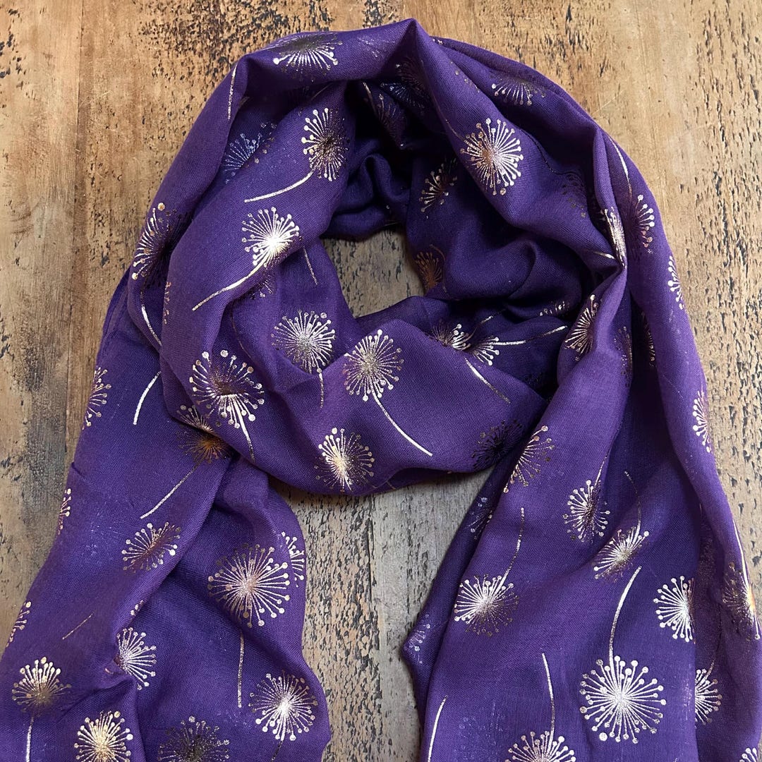 Soft Dandelion Print Scarf - Deep Purple & Rose Gold - Etsy UK