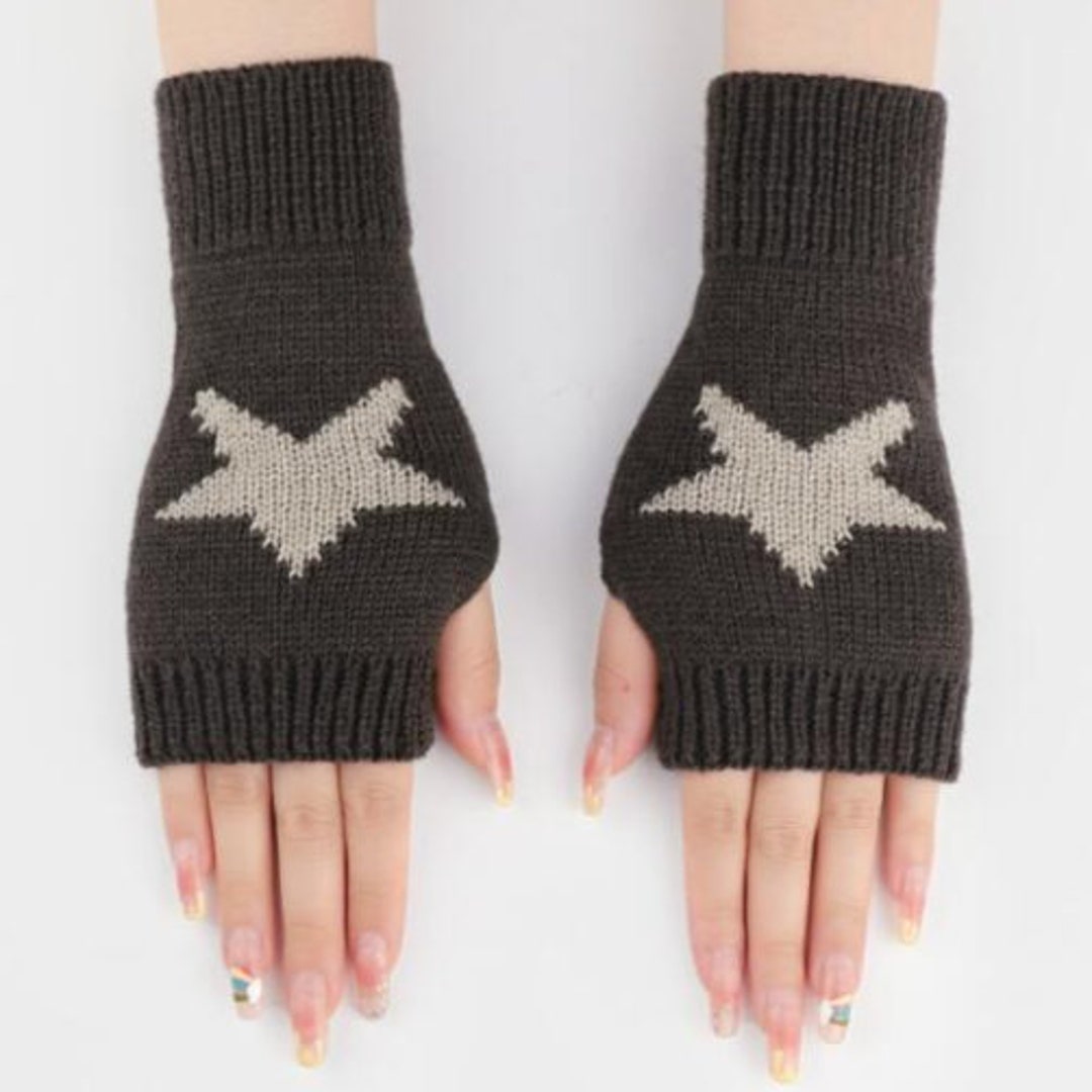 Warm Woolly Fingerless Star Print Gloves Charcoal Grey - Etsy