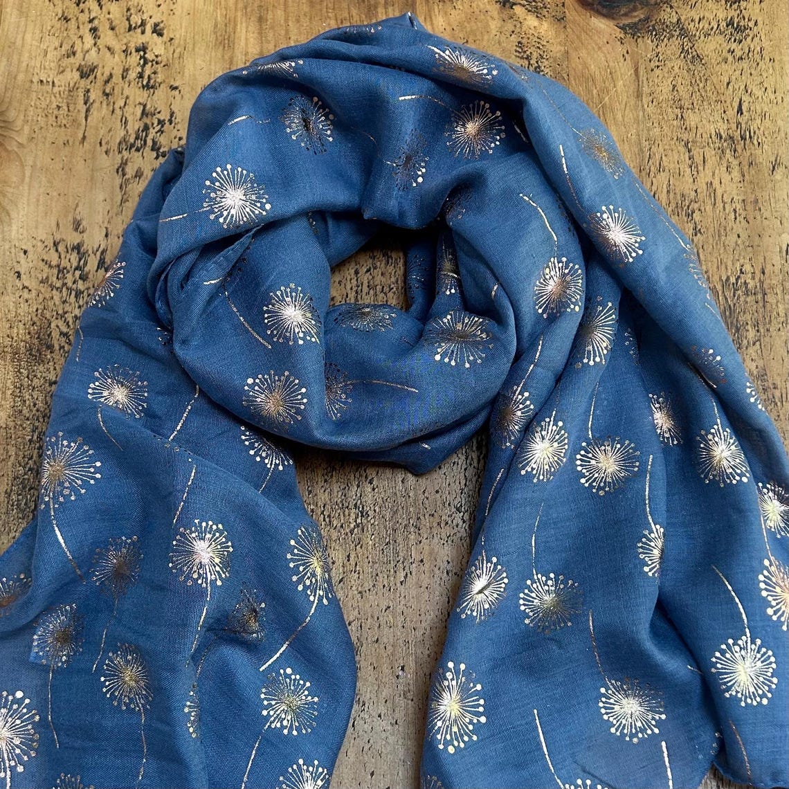 Soft Dandelion Print Scarf - Denim Blue & Rose Gold - Etsy