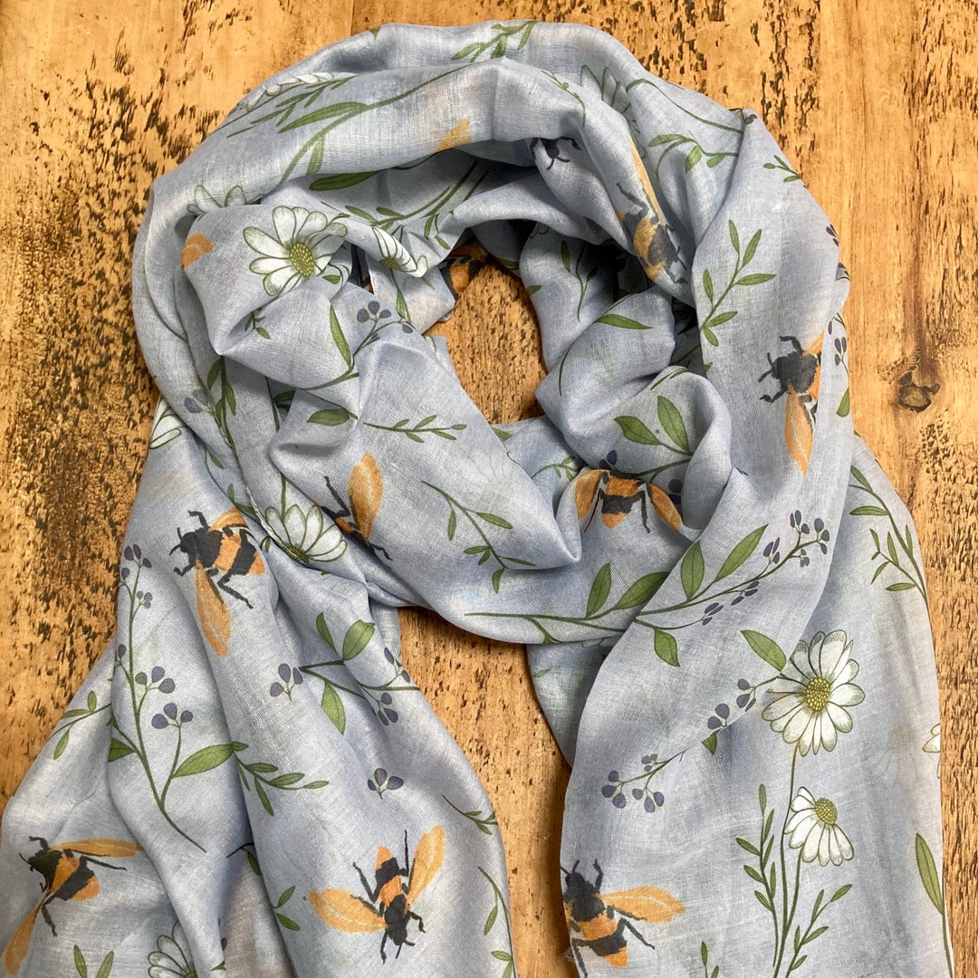 Gorgeous Spring Garden Bee Print Scarf - Blue Grey - Etsy UK