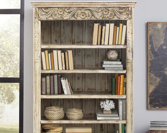 White Distressed Wood Bookcase - Etsy