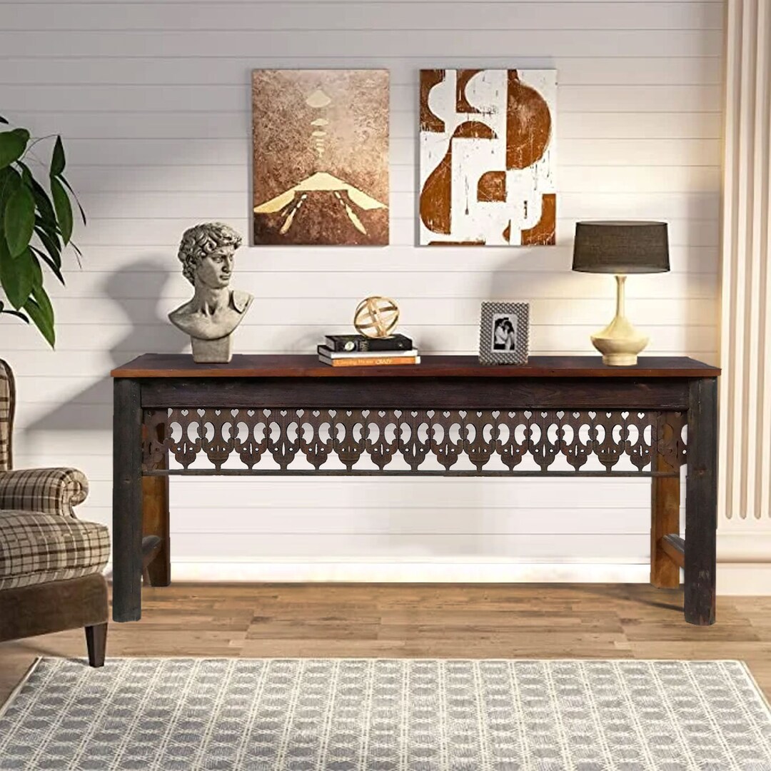 Farmhouse Style Lattice Carved Teak Wood Long Console Unique Entryway ...