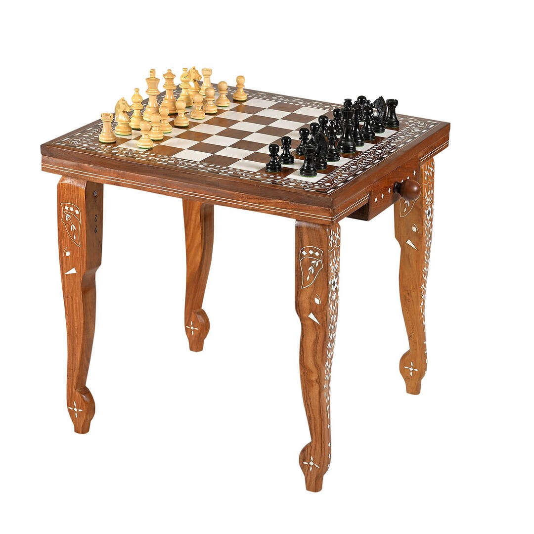 Eclectic Hand Inlaid Wooden Chess Board End Table With Wooden Pegs ...