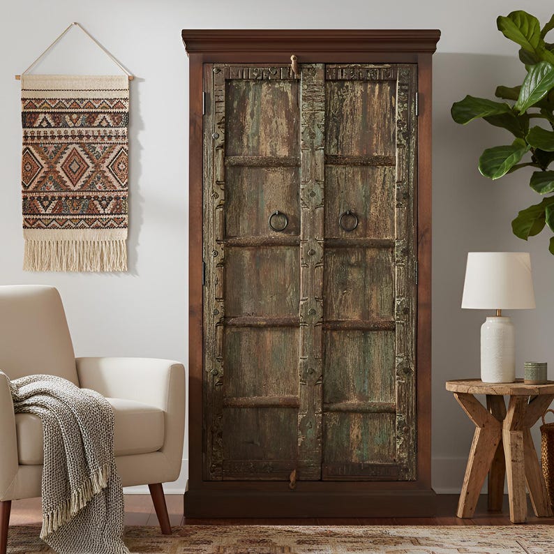 Teak Armoire Steel Brushed Distress Doors