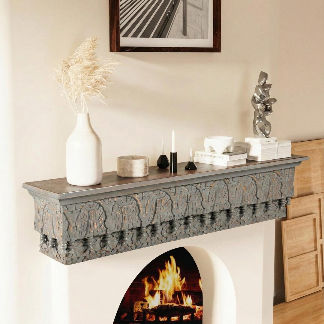 Hand Carved Mango Wood Fireplace Mantel Shelf | Rustic Farmhouse ...