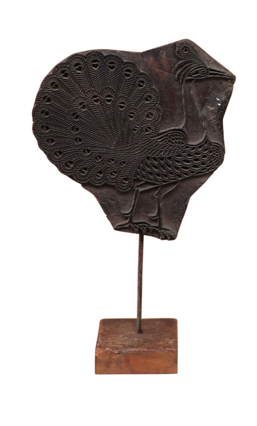 Vintage Peacock Carved Fabric Stamp on Metal Stand | Old Aged Wooden ...