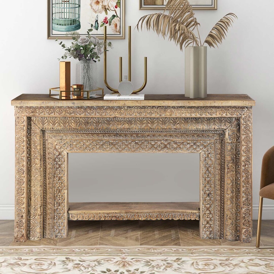 Hand Carved Long Sofa Table Farmhouse Style Distressed Solid Wood ...