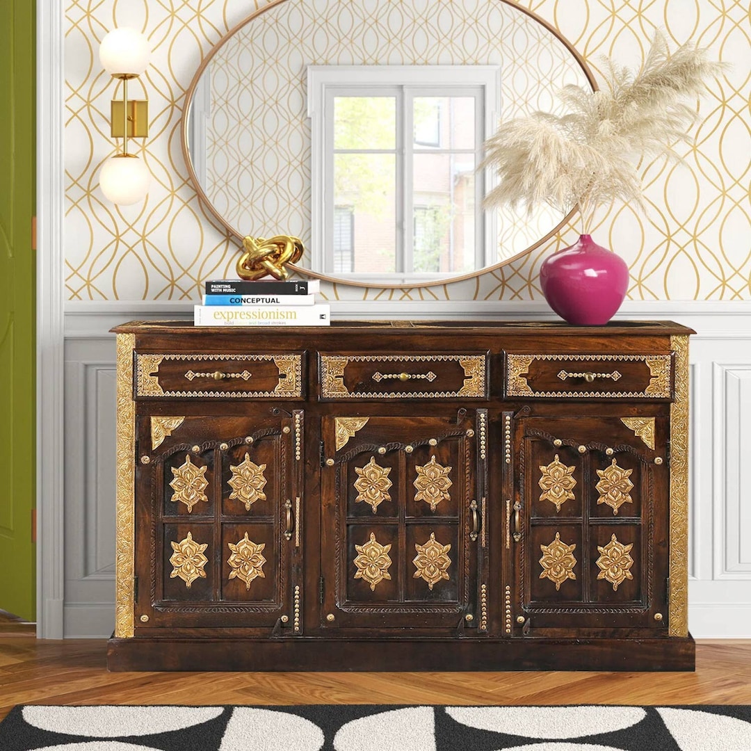 Transitional Style Solid Wood Buffet With Hammered Brass Accents | 59 ...