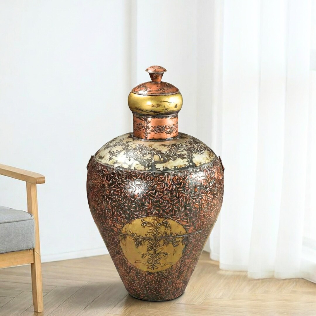 Antique Brass Floor Vase With Lid | 40" Inch Tall Embossed Metal Urn ...