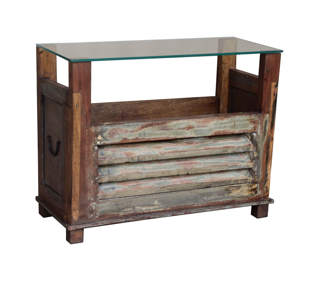 Narrow Side Table With Top on Glass | Distressed Brown Solid Wood ...