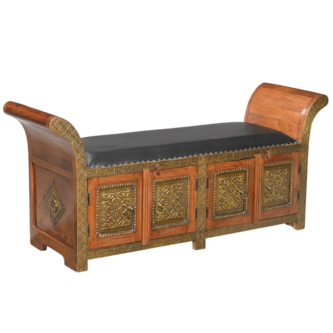 Unique Solid Wood Traditional Chaise Bench With Brass Accents 46 Long ...