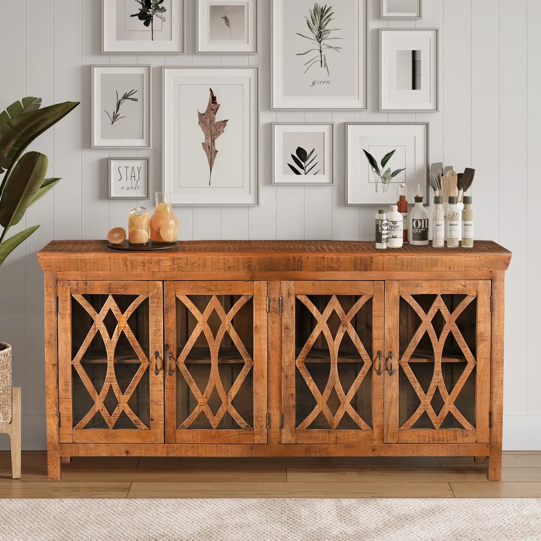 Farmhouse Style 80" Long Solid Wood Credenza With Glass Doors | Modern ...