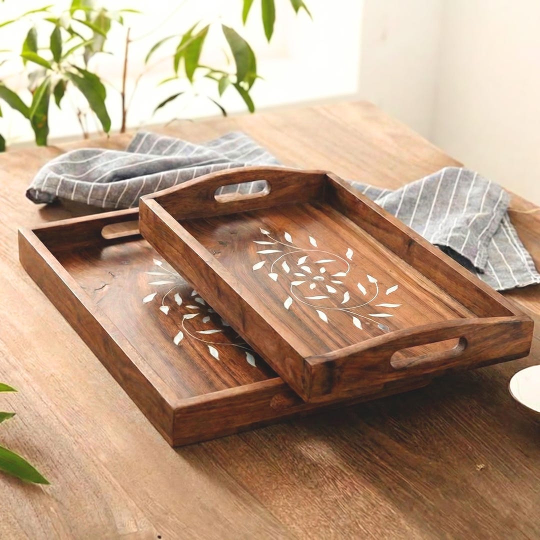 Unique Bone Inlaid Wooden Serving Tray - Set of 2 | Special ...